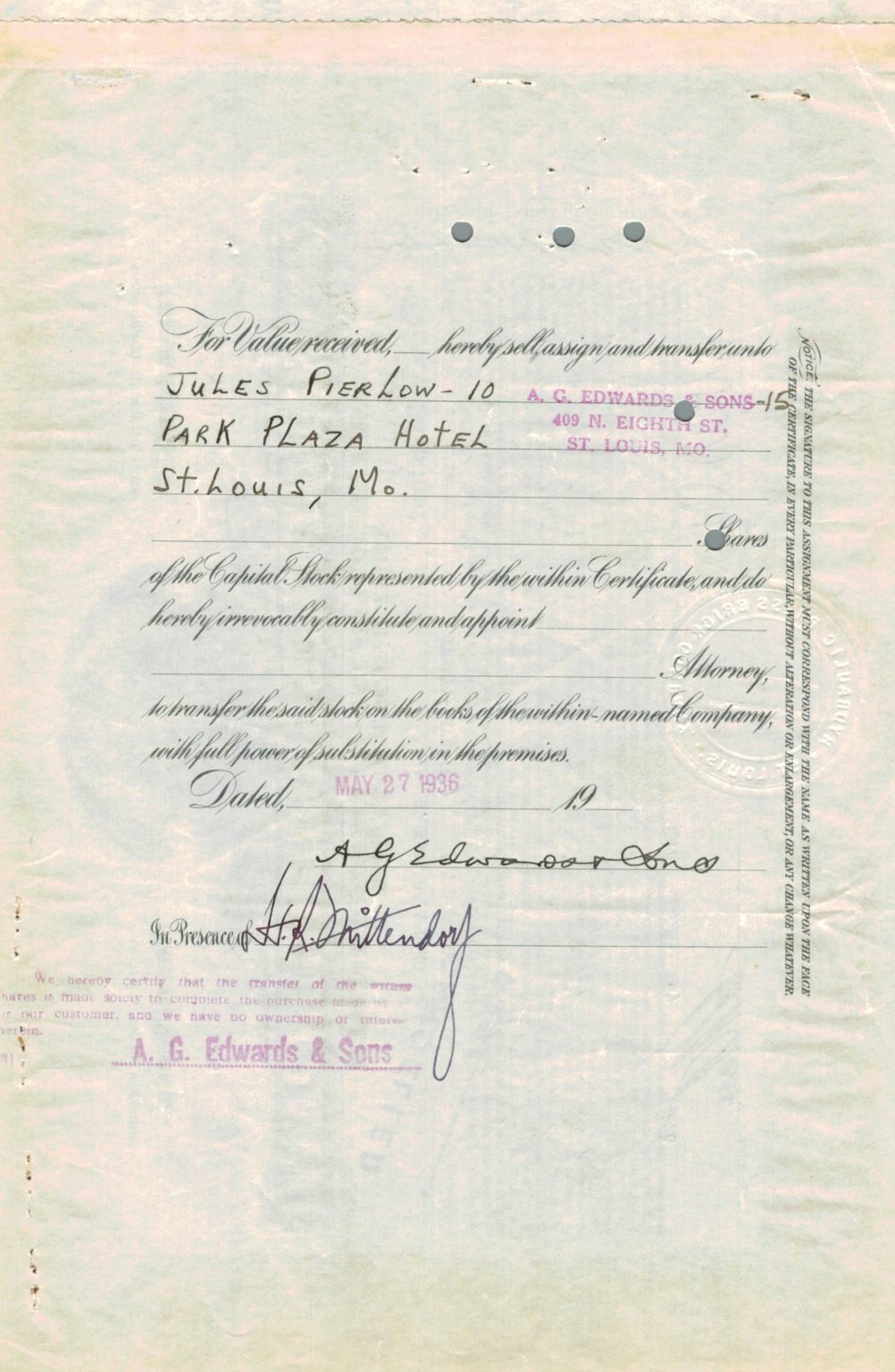 Hydraulic-Press Brick Company Share Certificate – Missouri, 1936 ...