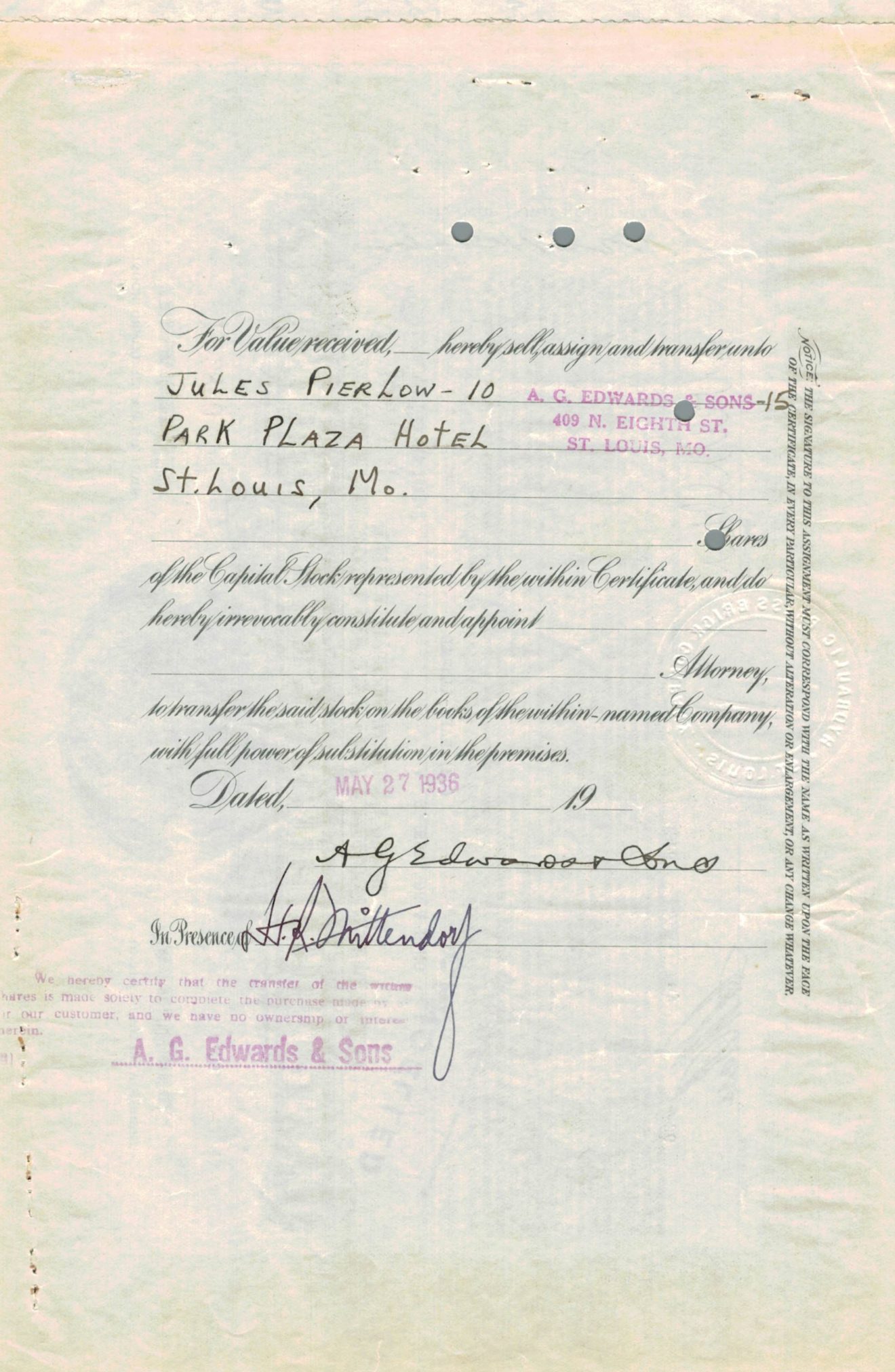 Hydraulic-Press Brick Company Share Certificate – Missouri, 1936 ...