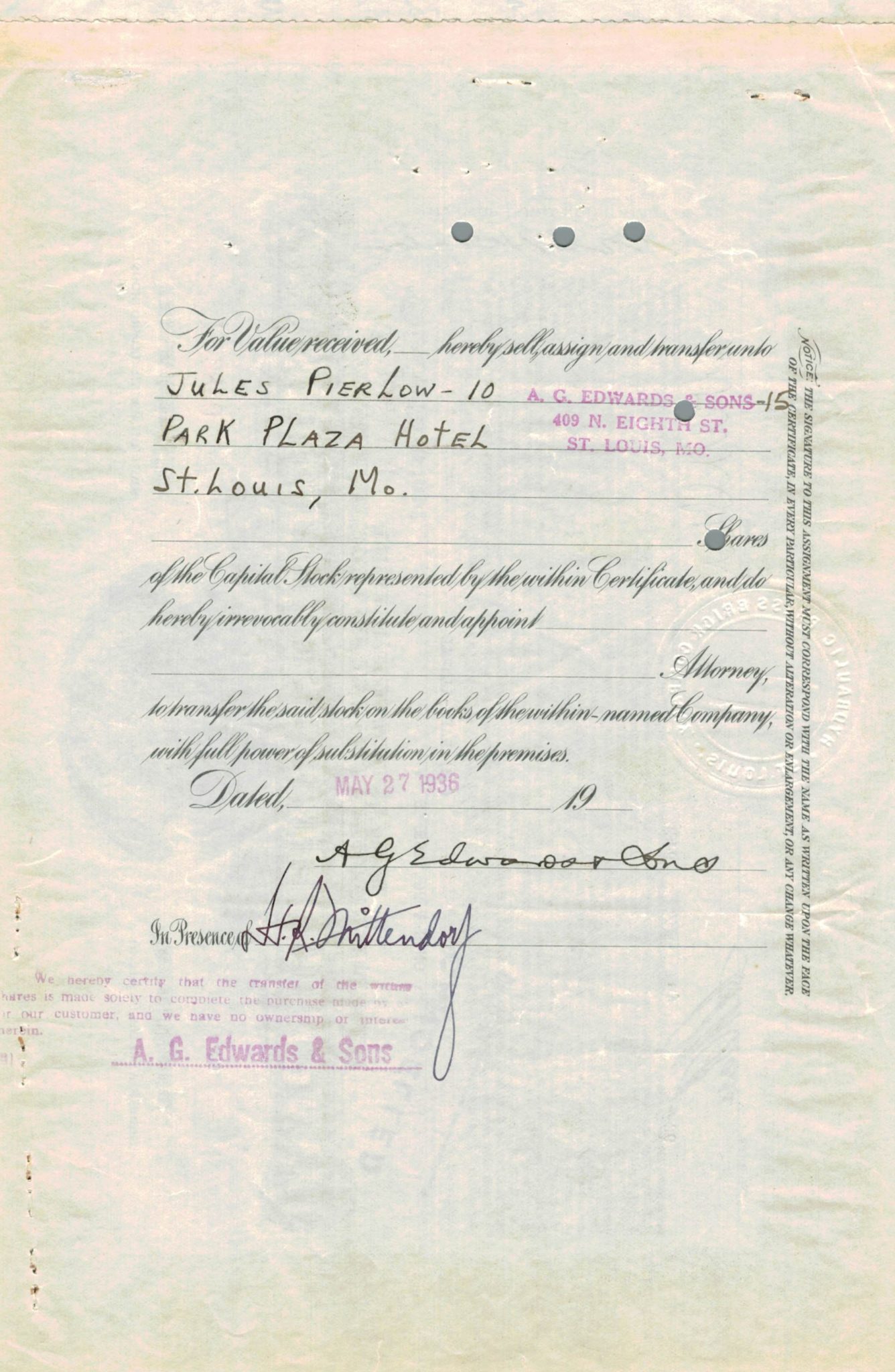 Hydraulic-Press Brick Company Share Certificate – Missouri, 1936 ...